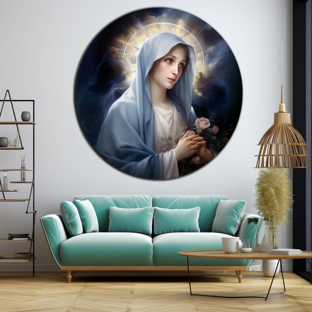 Virgin Mary Round Tempered Glass Wall Art, Virgin Mary Print, Christan ...