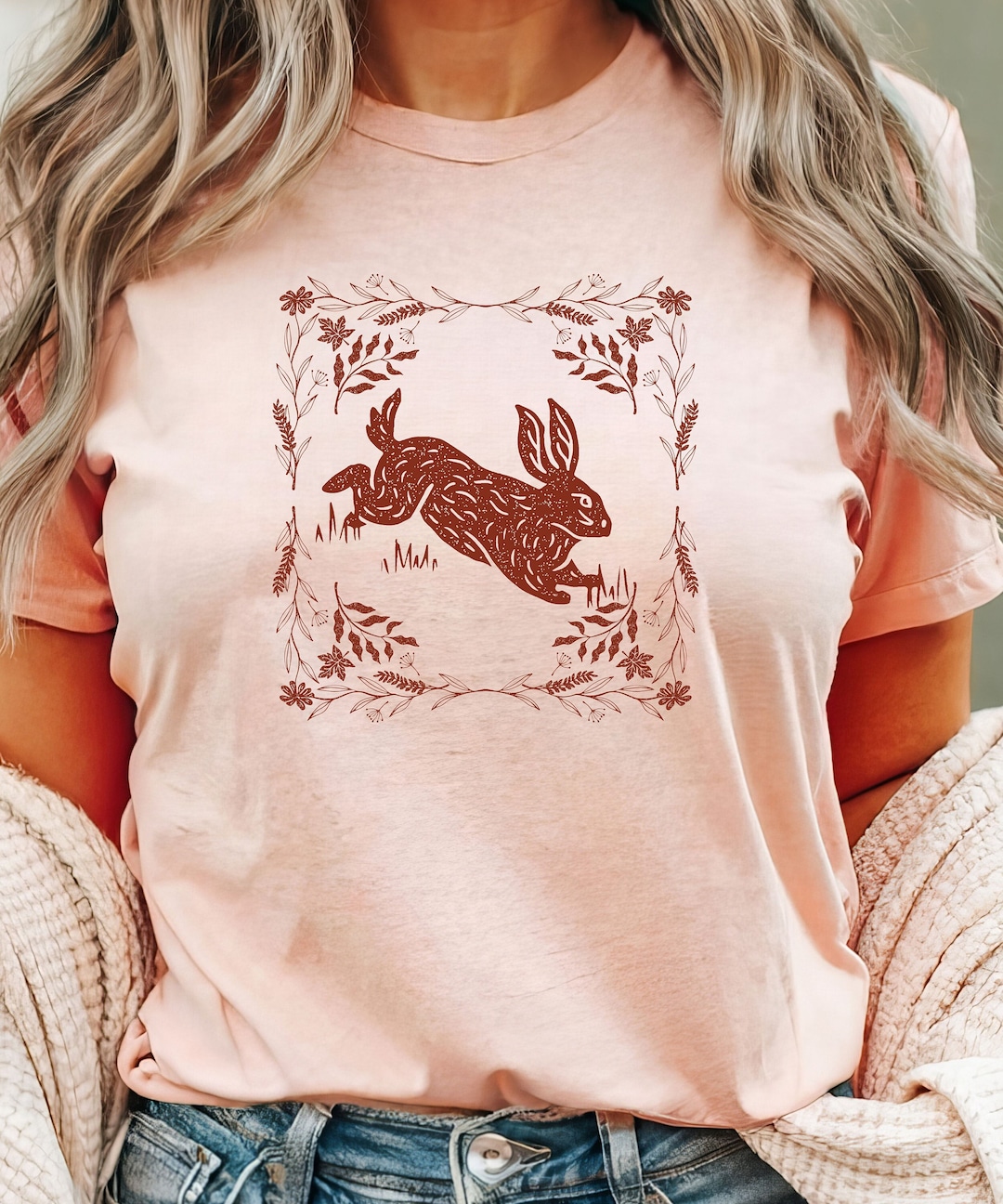 Cute Rabbit Shirt in Linocut Style for Granola Girls, Lino Print ...