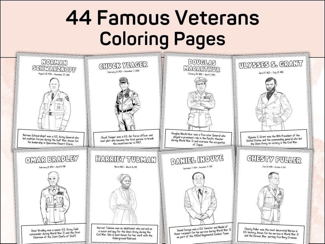 44 Famous Veterans Coloring Pages Educational Activity & Fun Facts ...