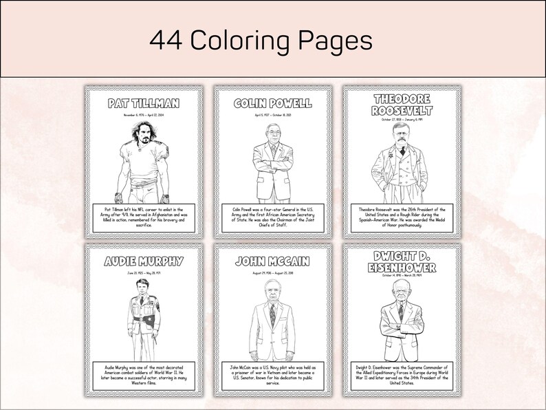 44 Famous Veterans Coloring Pages | Educational Activity & Fun Facts ...