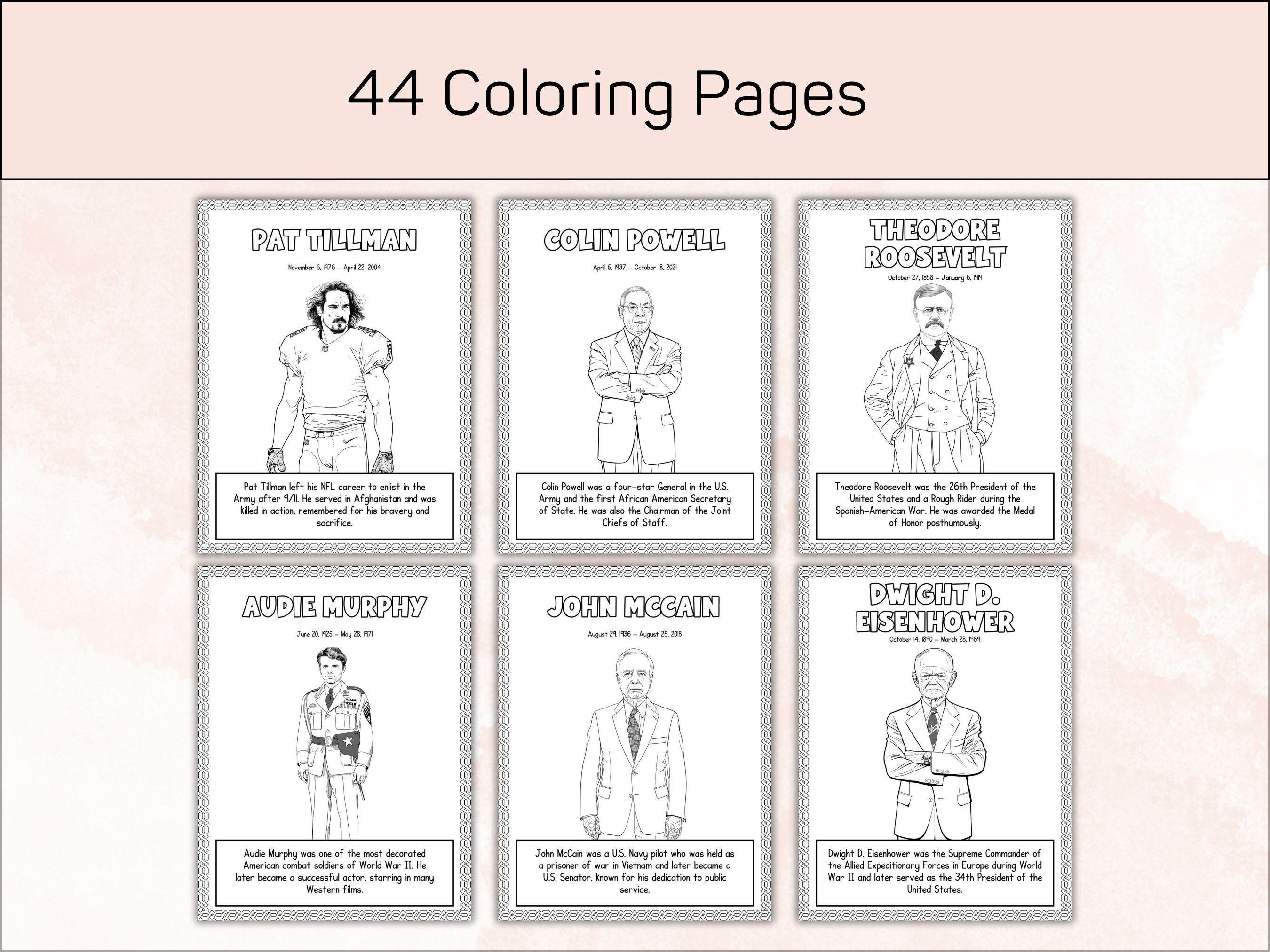 44 Famous Veterans Coloring Pages | Educational Activity & Fun Facts ...