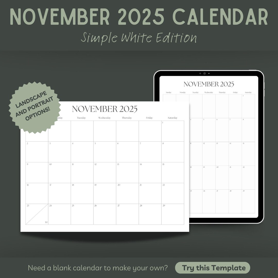 November 2025 Calendar - Printable & Tablet Friendly - Plain White ...