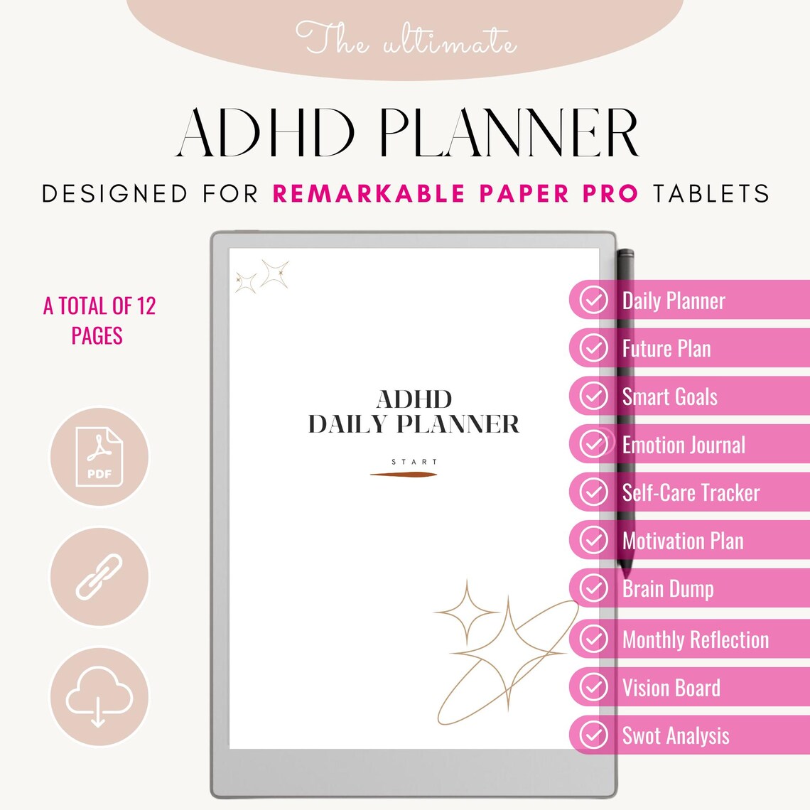 ADHD Planner for E-ink Tablet | Suitable for Remarkable Paper Pro ...