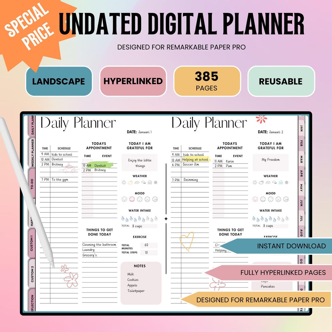 Digital Planner Undated for E-ink Tablet | Suitable for Remarkable ...