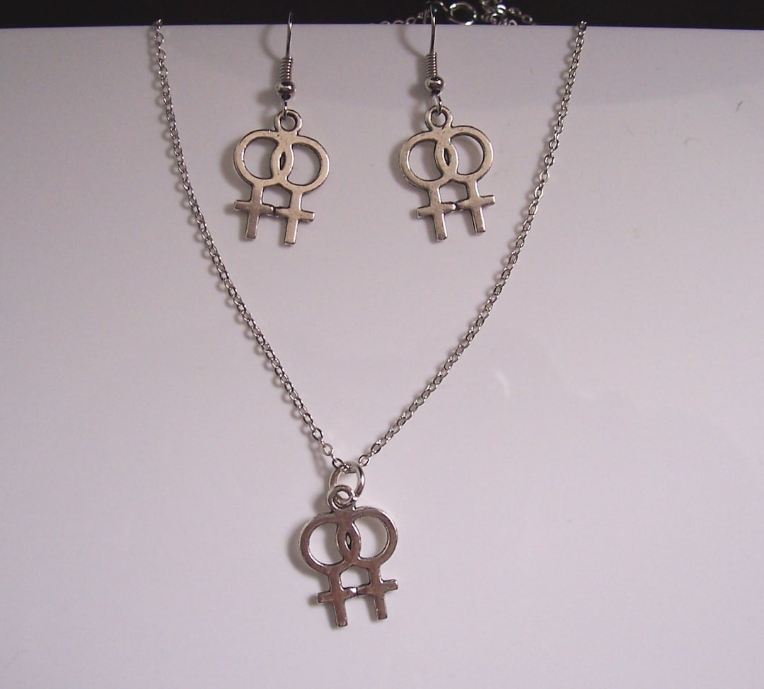 Silvertone Fused Double Venus Symbol Necklace and Earrings Set ...
