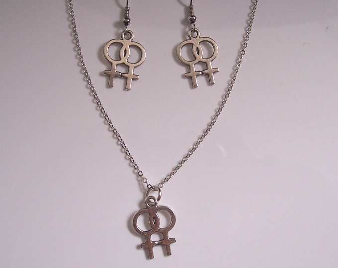 Silvertone Fused Double Venus Symbol Necklace and Earrings Set ...
