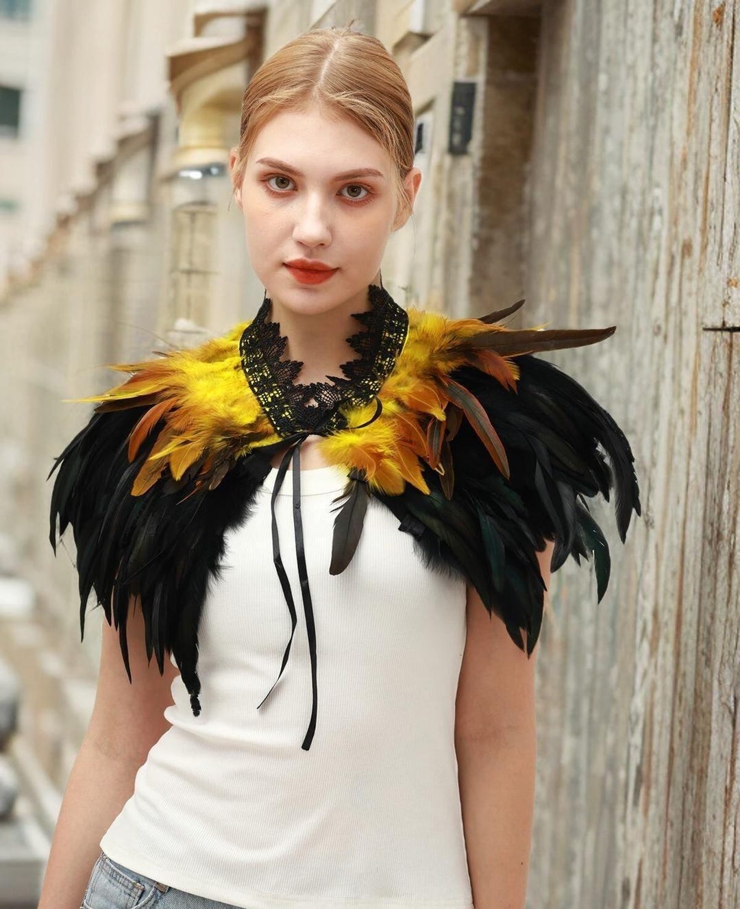 Lace Neck Feather Shawl, Festival Cape, Feather Cape, Feather Shrug ...