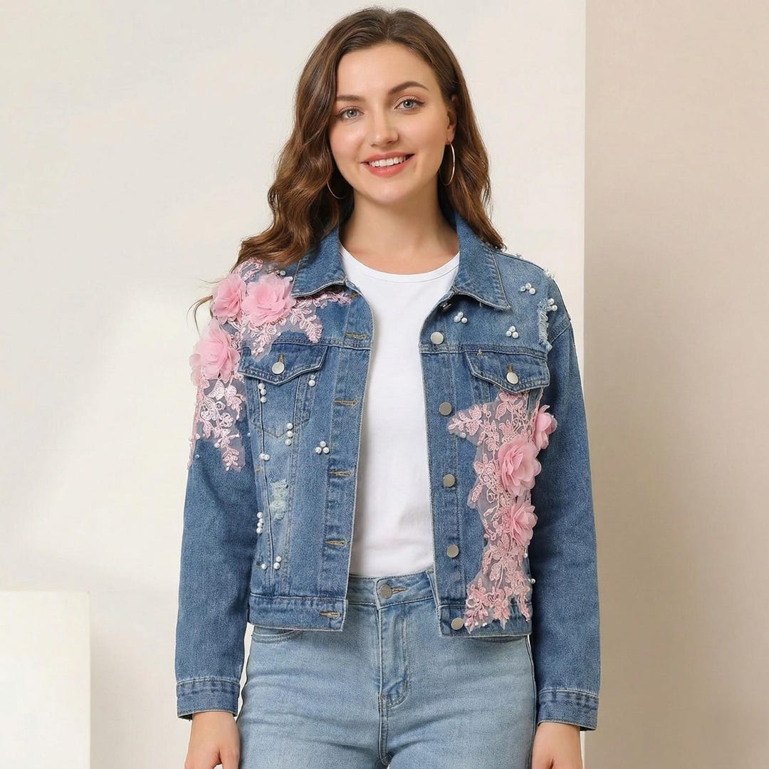 3D Flower Denim Jacket, Floral Applique Jean Short Wedding Coat, Pearl ...
