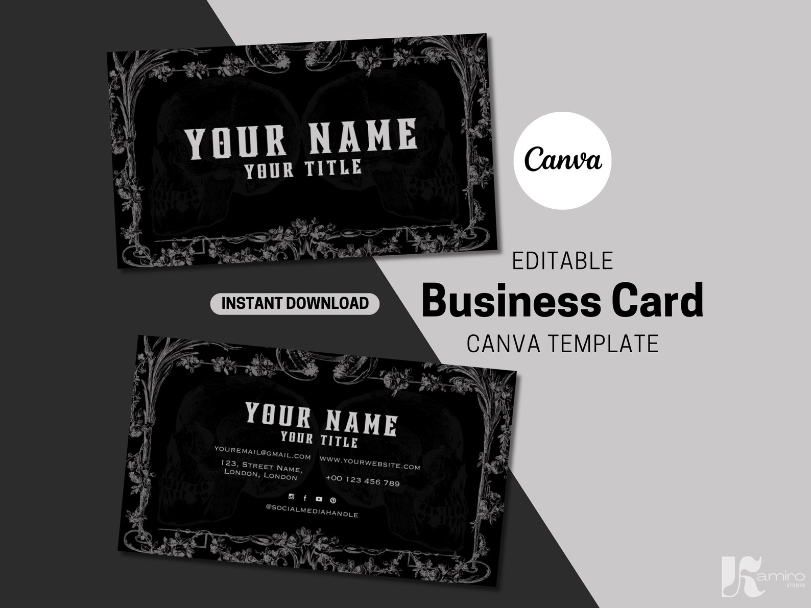 Skulls Flowers Gothic Business Card Template - Customisable Canva ...