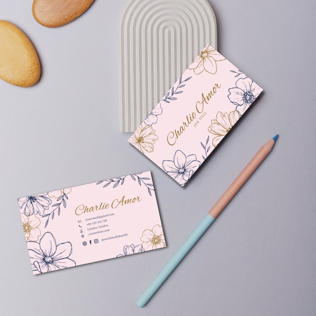 Pink and Gold Flowery Business Card Template - Customisable Canva ...