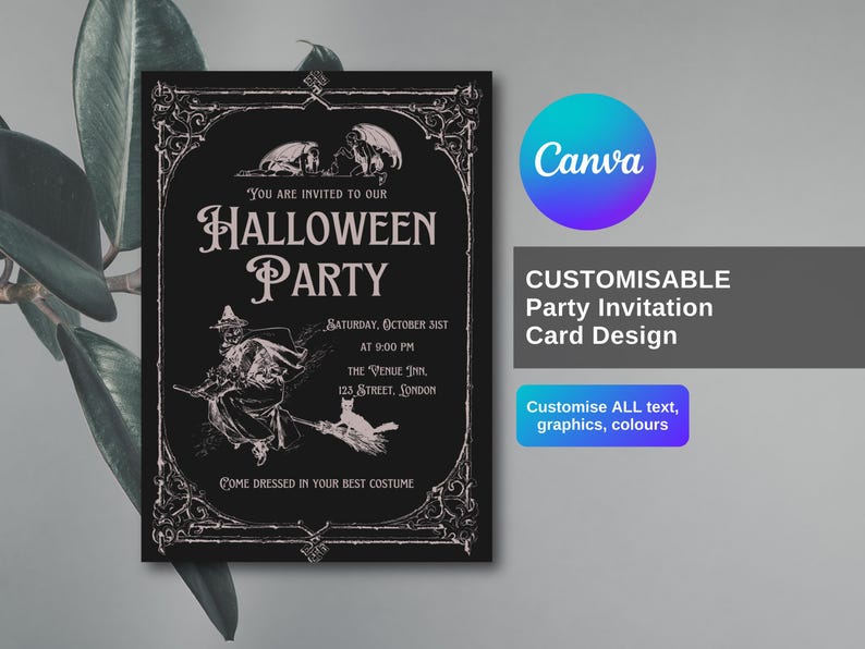 Gothic Halloween Invitation Card - Editable Canva Template - Party ...