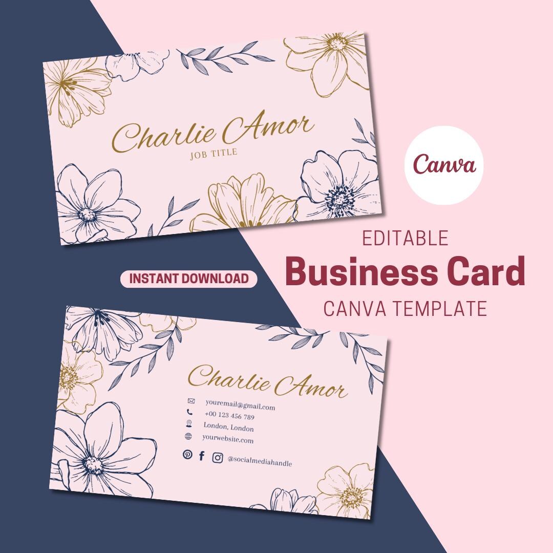 Pink and Gold Flowery Business Card Template - Customisable Canva ...