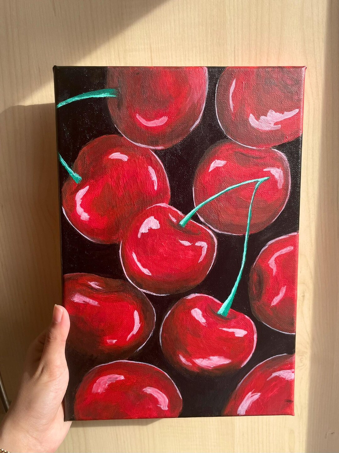 ORIGINAL Cherries Acrylic Painting - Hand Painted Fruit Art - Stretched ...