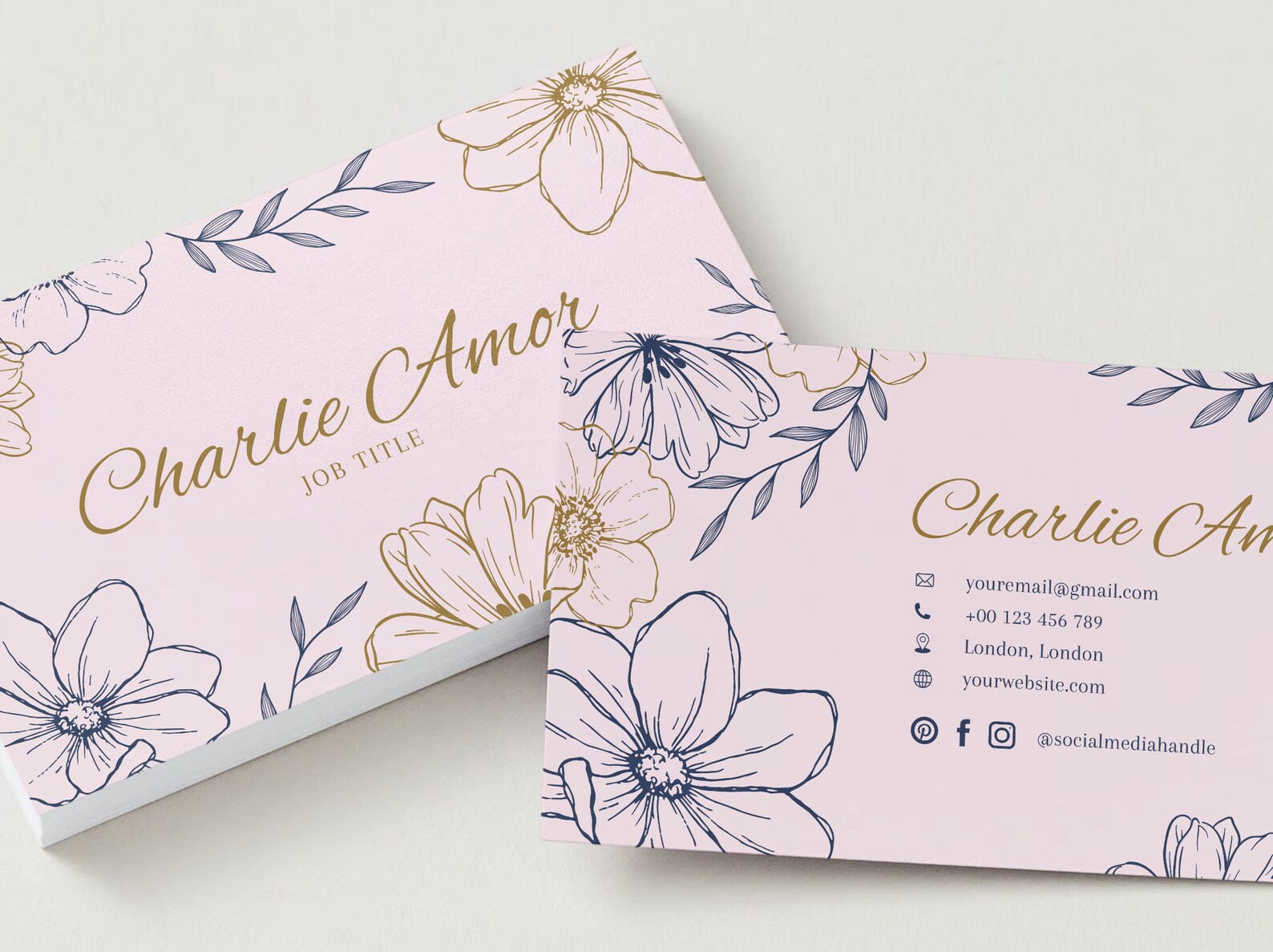 Pink and Gold Flowery Business Card Template - Customisable Canva ...