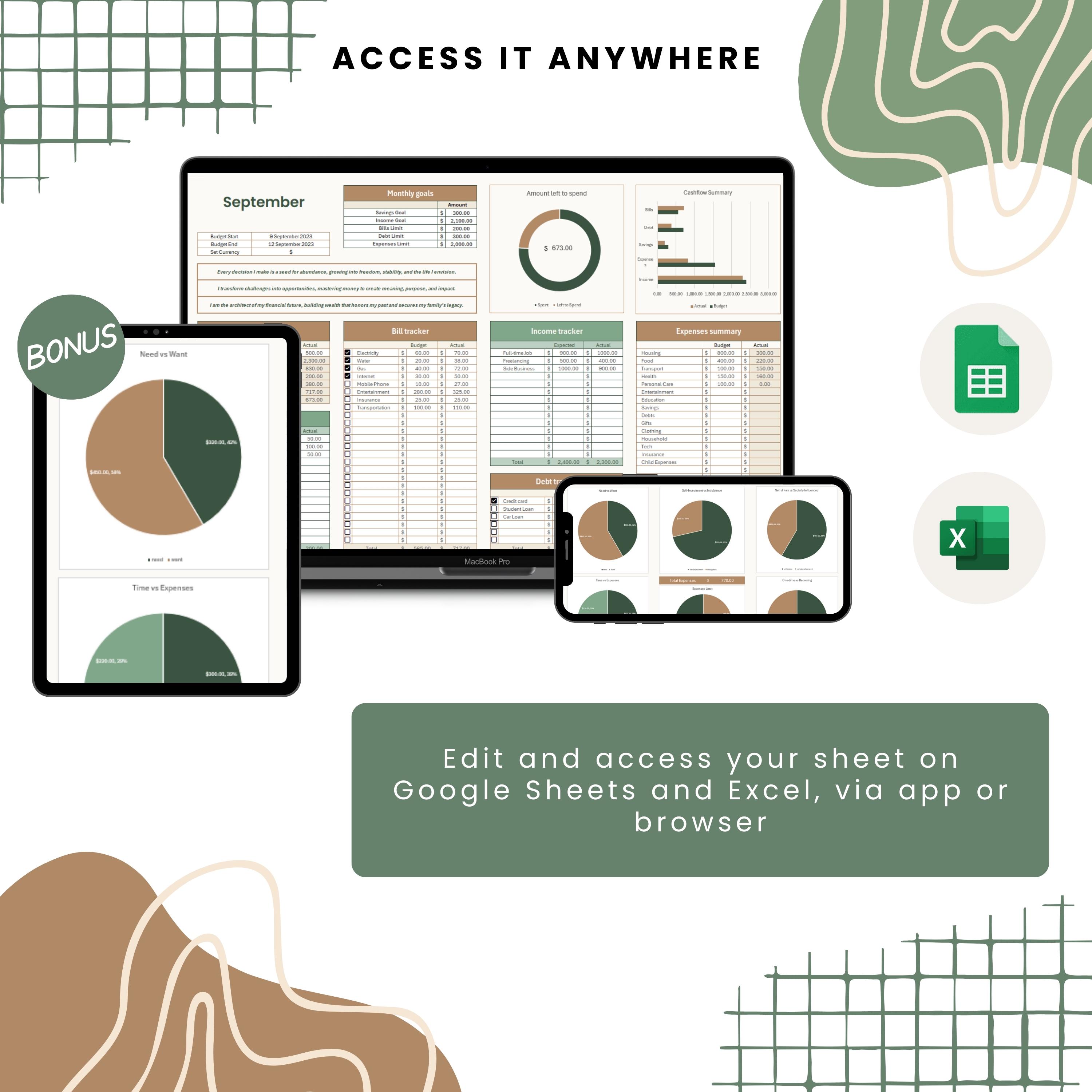 Budget Planner Google Sheets & Excel Template | Monthly Budget ...
