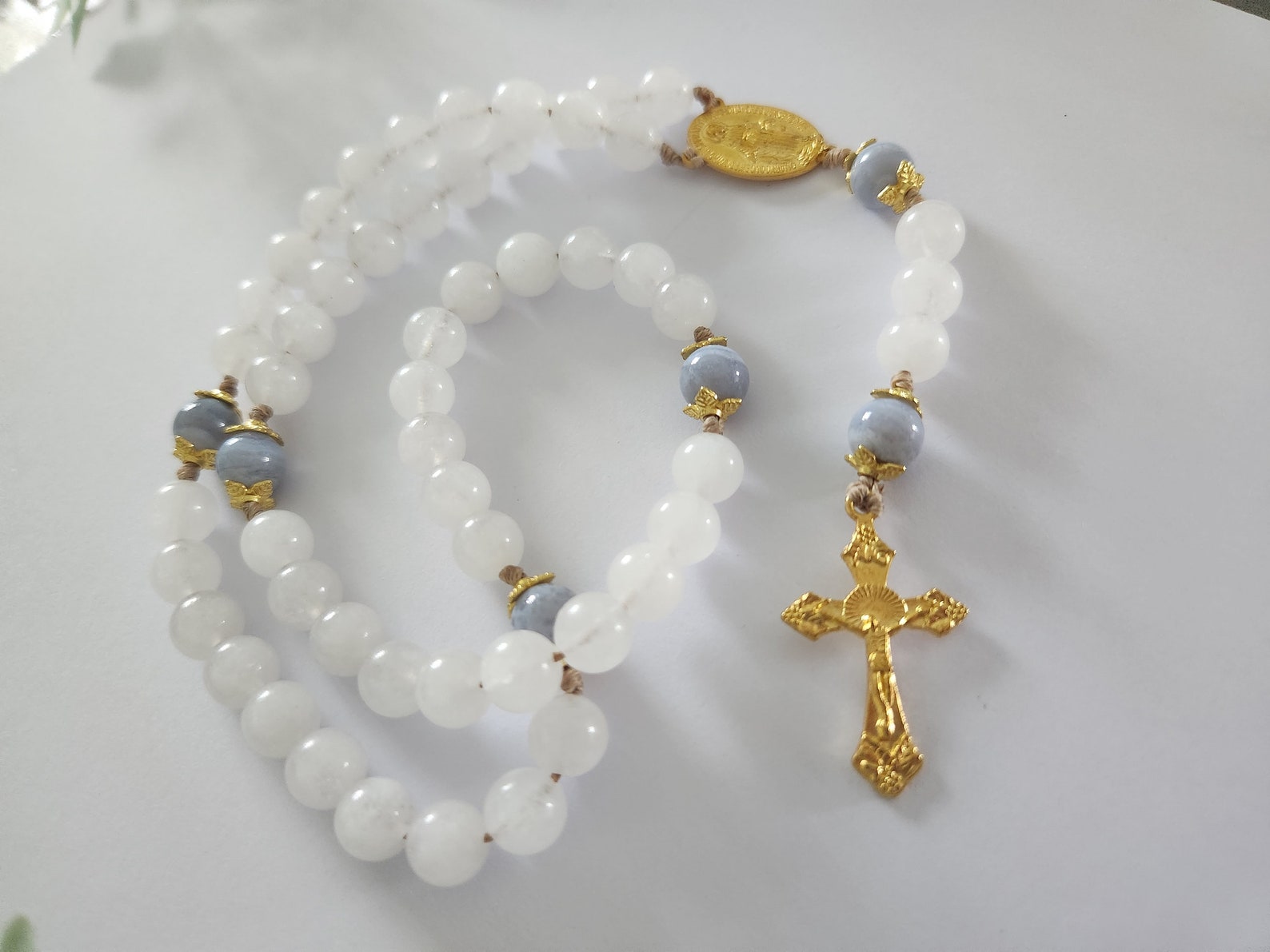 Our Lady White and Blue Catholic Rosary Bridal Handmade Leather Knotted ...