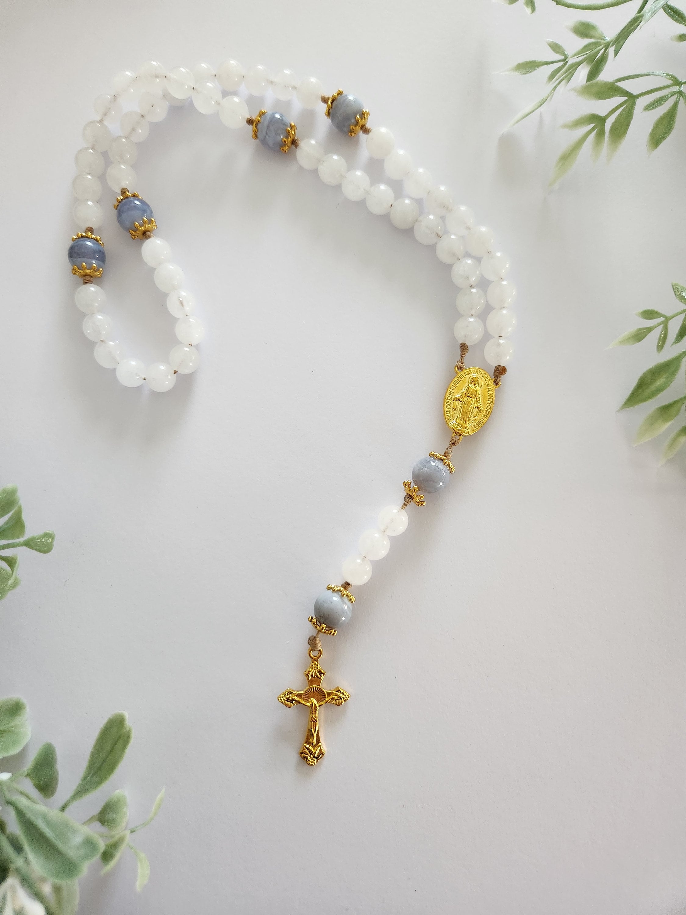 Our Lady White and Blue Catholic Rosary Bridal Handmade Leather Knotted ...