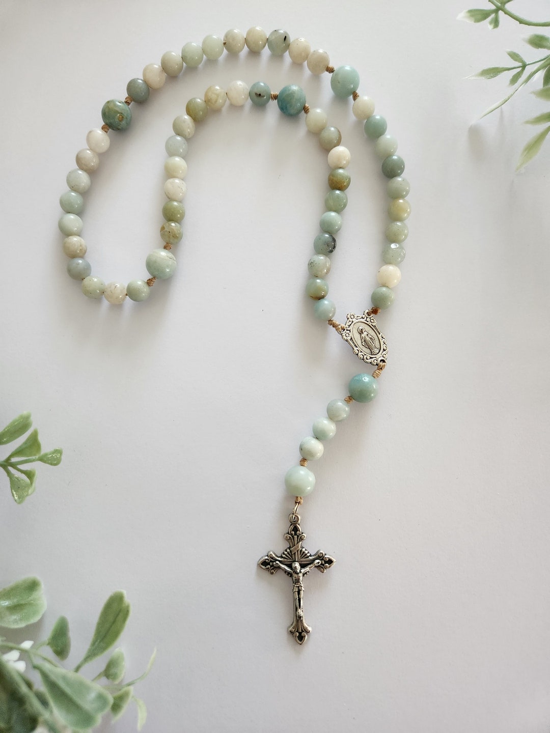 Sage Green Amazonite Catholic Rosary Handmade Leather Knotted - Etsy