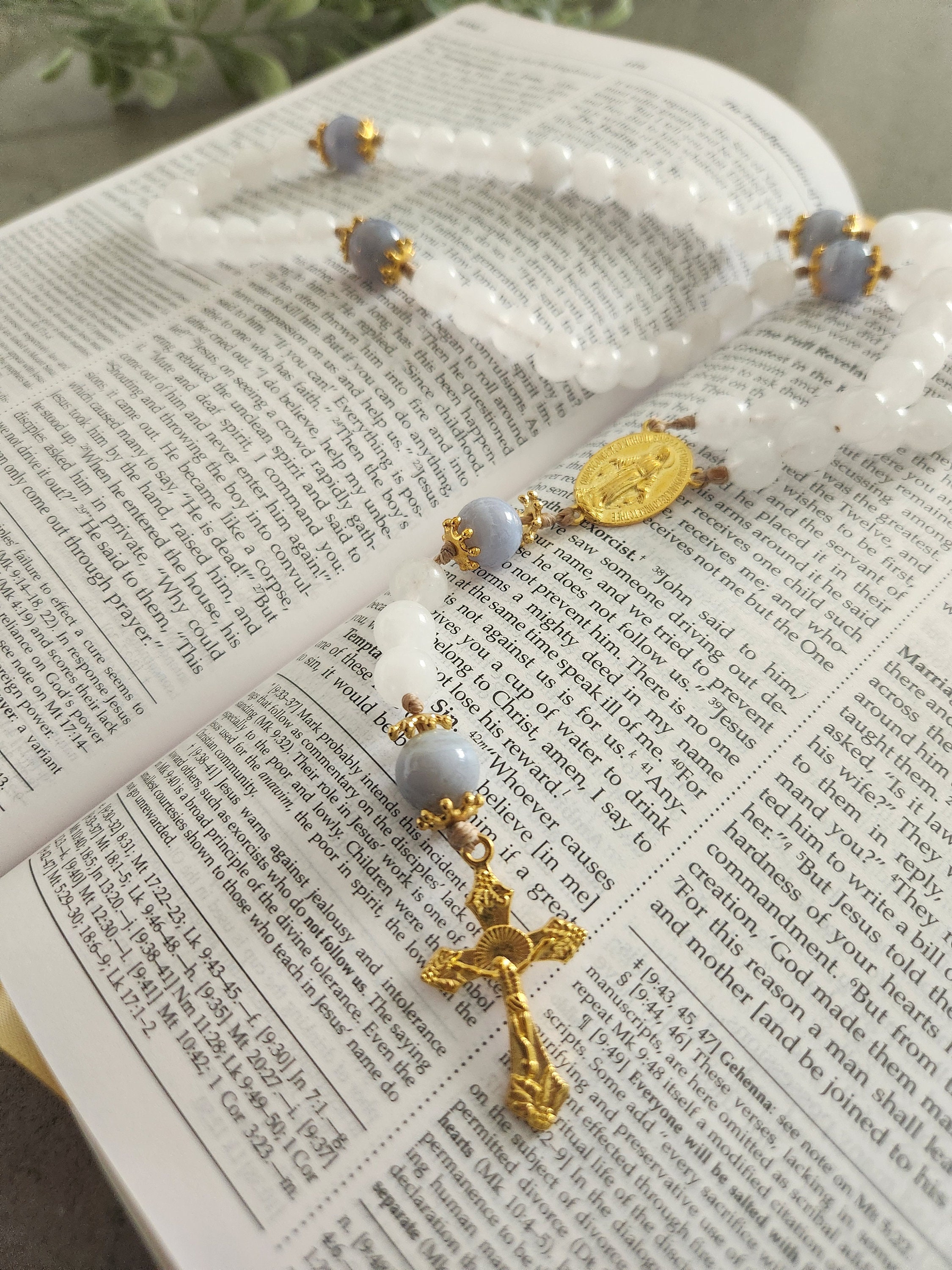 Our Lady White and Blue Catholic Rosary Bridal Handmade Leather Knotted ...