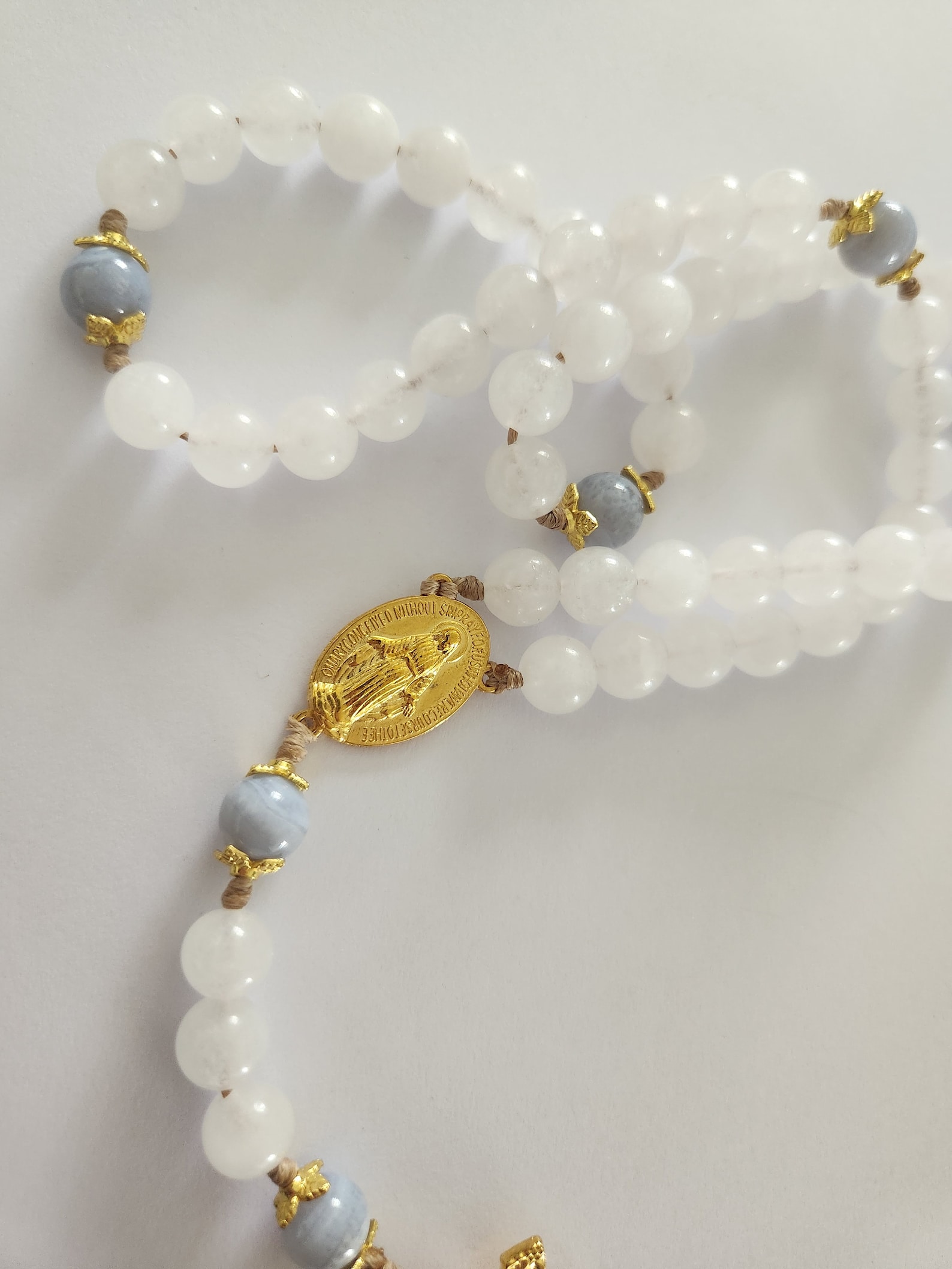 Our Lady White and Blue Catholic Rosary Bridal Handmade Leather Knotted ...