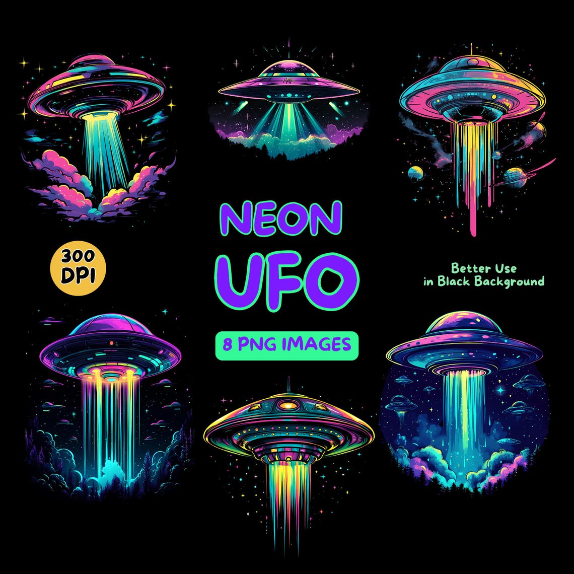 Neon UFO Digital Art - Neon UFO - Neon UFO Clipart - Colorful Alien ...