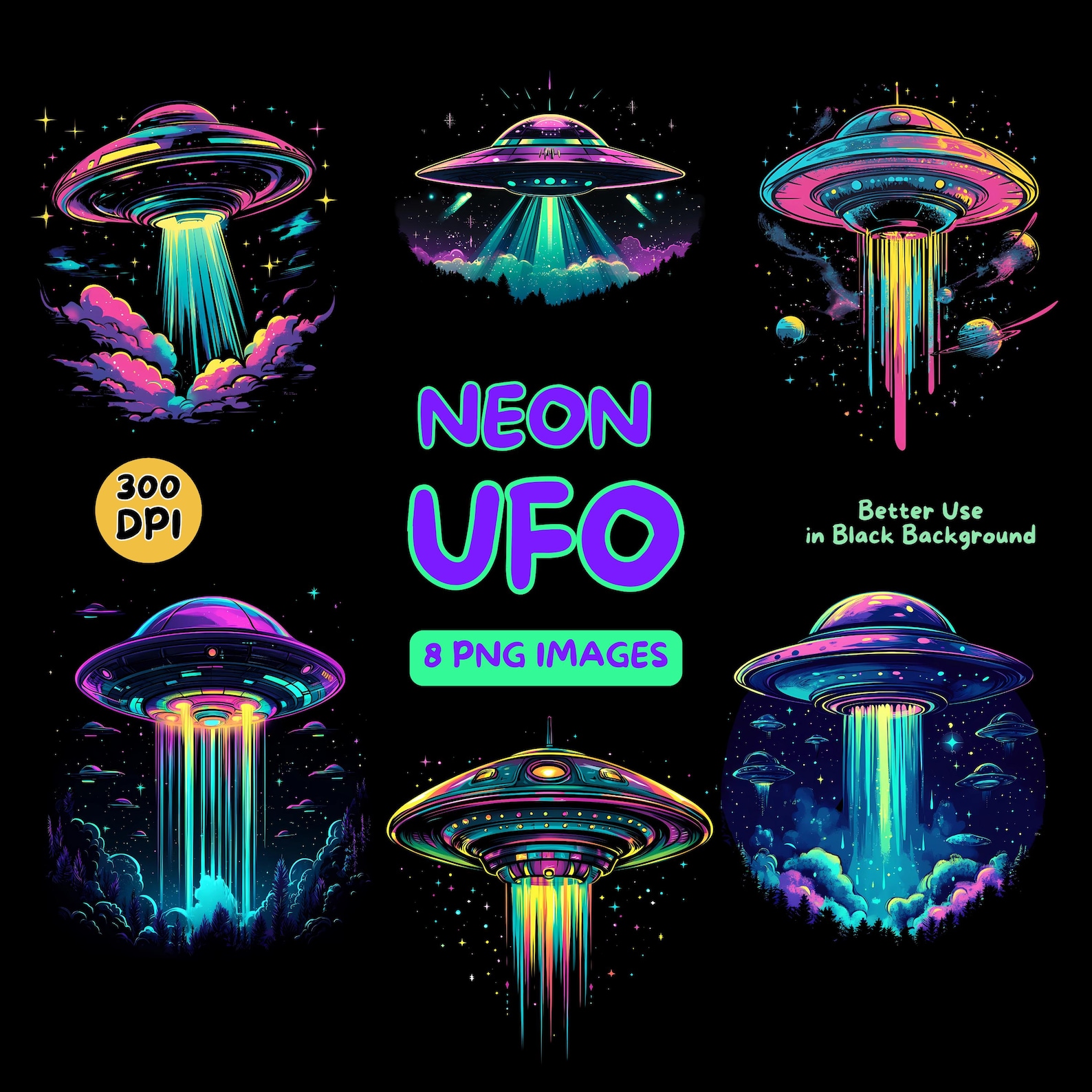 Neon UFO Digital Art - Neon UFO - Neon UFO Clipart - Colorful Alien ...