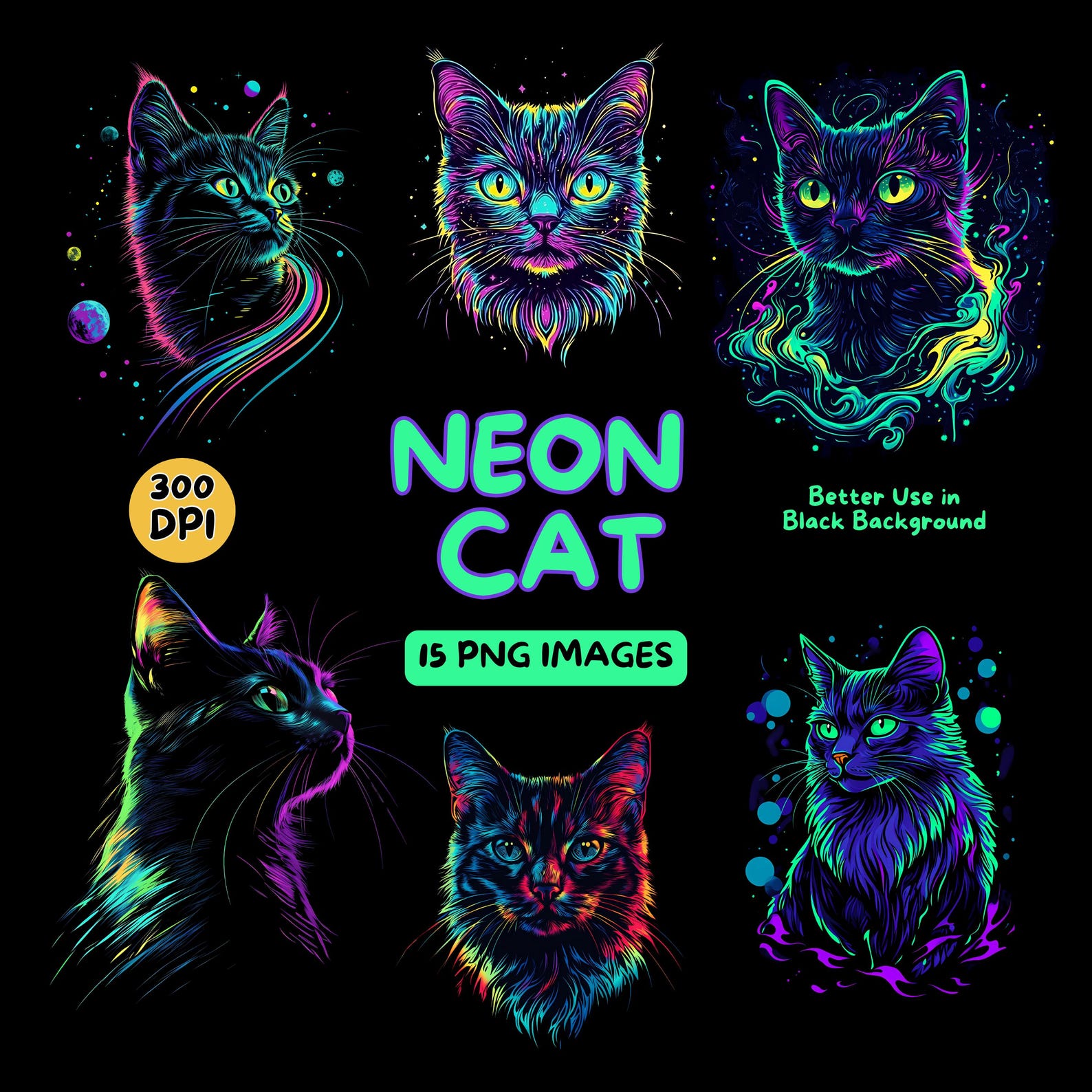 Neon Cat Digital Art - Neon Cat PNG - Neon Cat Clipart - Colorful Cat ...
