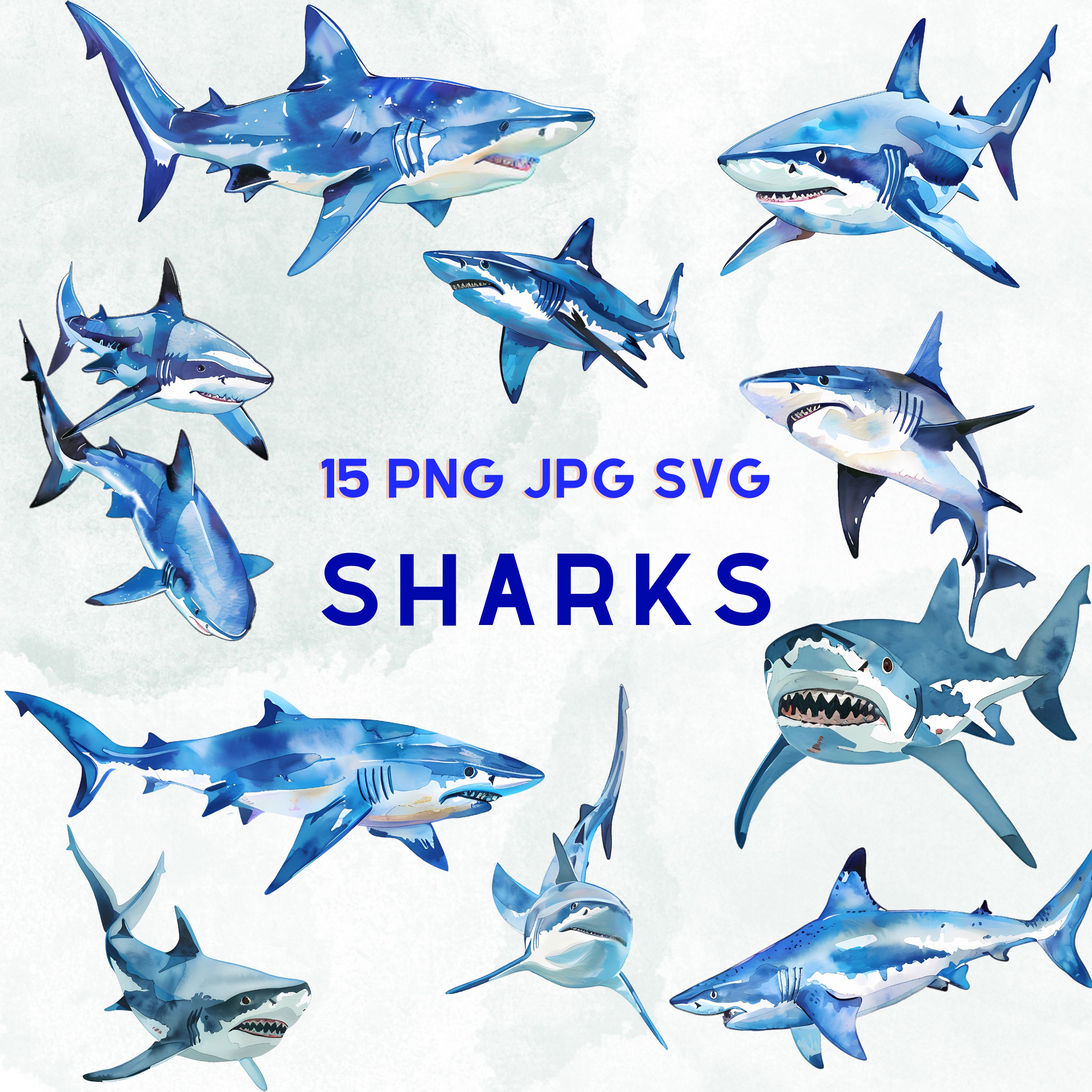 Watercolor Sharks Clipart Great White Shark, Sea Animal Illustrations ...