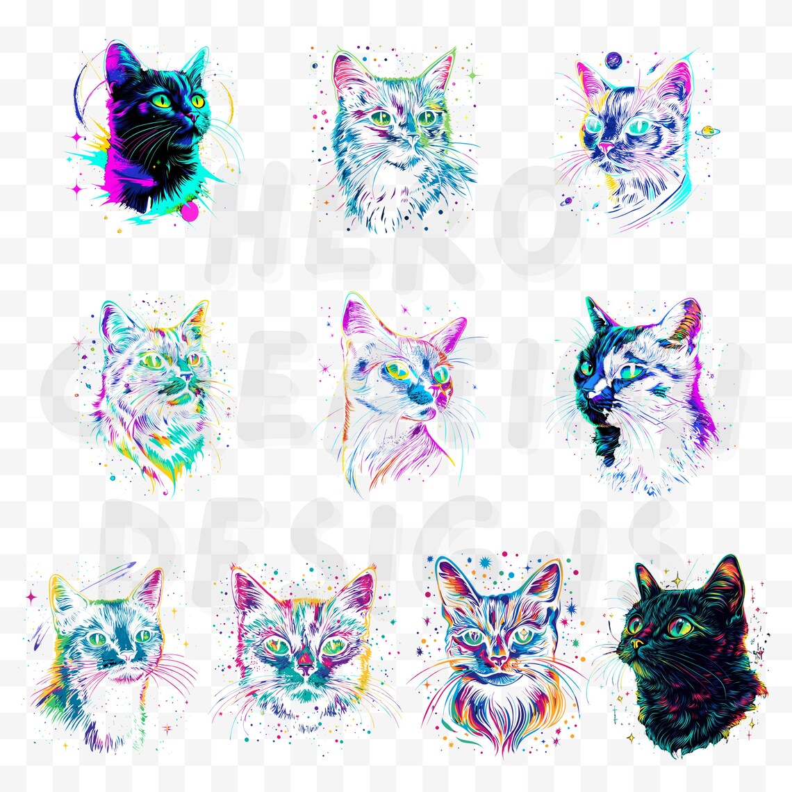 Neon Cosmic Cat Digital Art - Neon Cat PNG - Neon Clipart - Colorful ...