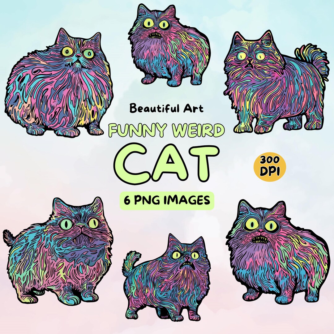Beautiful Funny Weird Cat Art Design Digital Download , Cat PNG - 300 ...