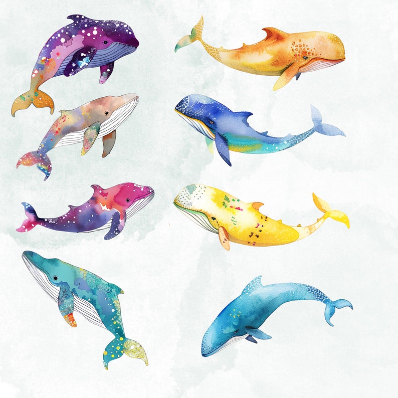 Watercolor Whales Clipart Bundle Whale PNG Whale Clipart Colorful Whale ...