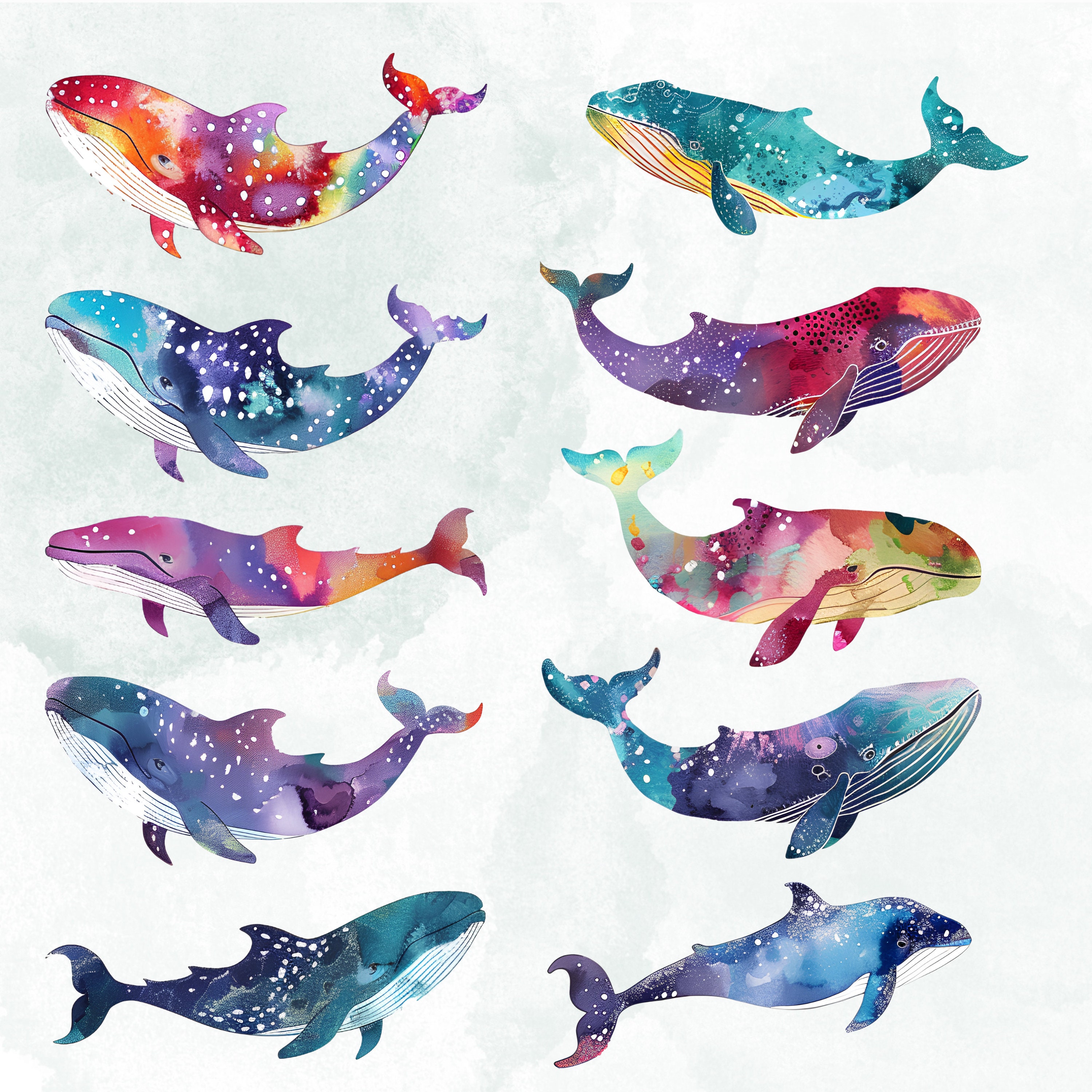 Watercolor Whales Clipart Bundle - Whale PNG - Whale Clipart - Colorful ...