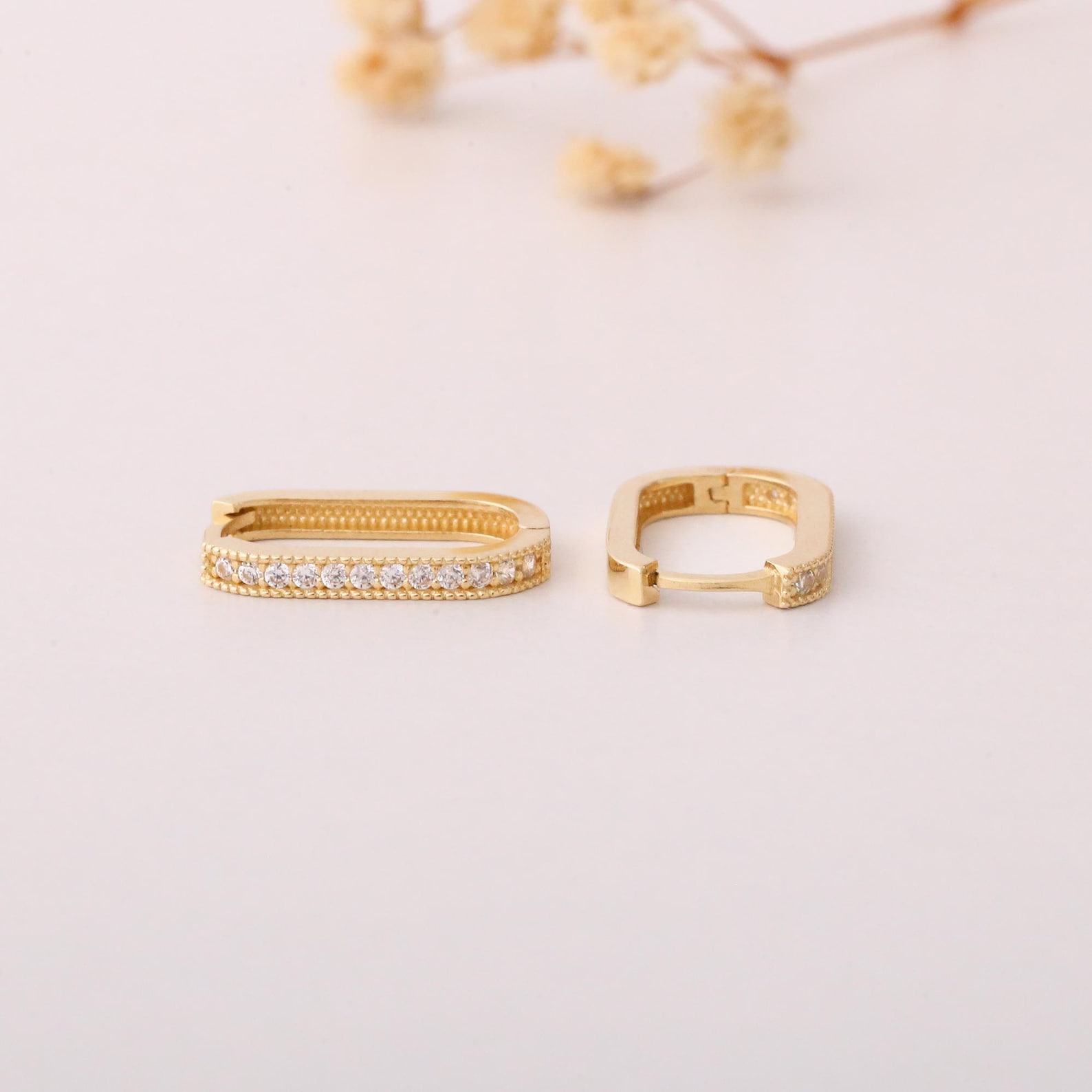 14k Solid Gold Square Hoop Earrings,14k CZ Stone Square Hoop Earrings ...
