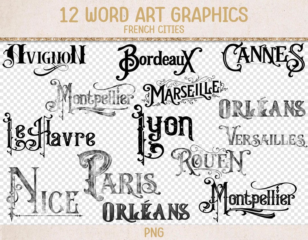 12 Word Art PNG Overlays, French City Names, Black Text Clipart ...