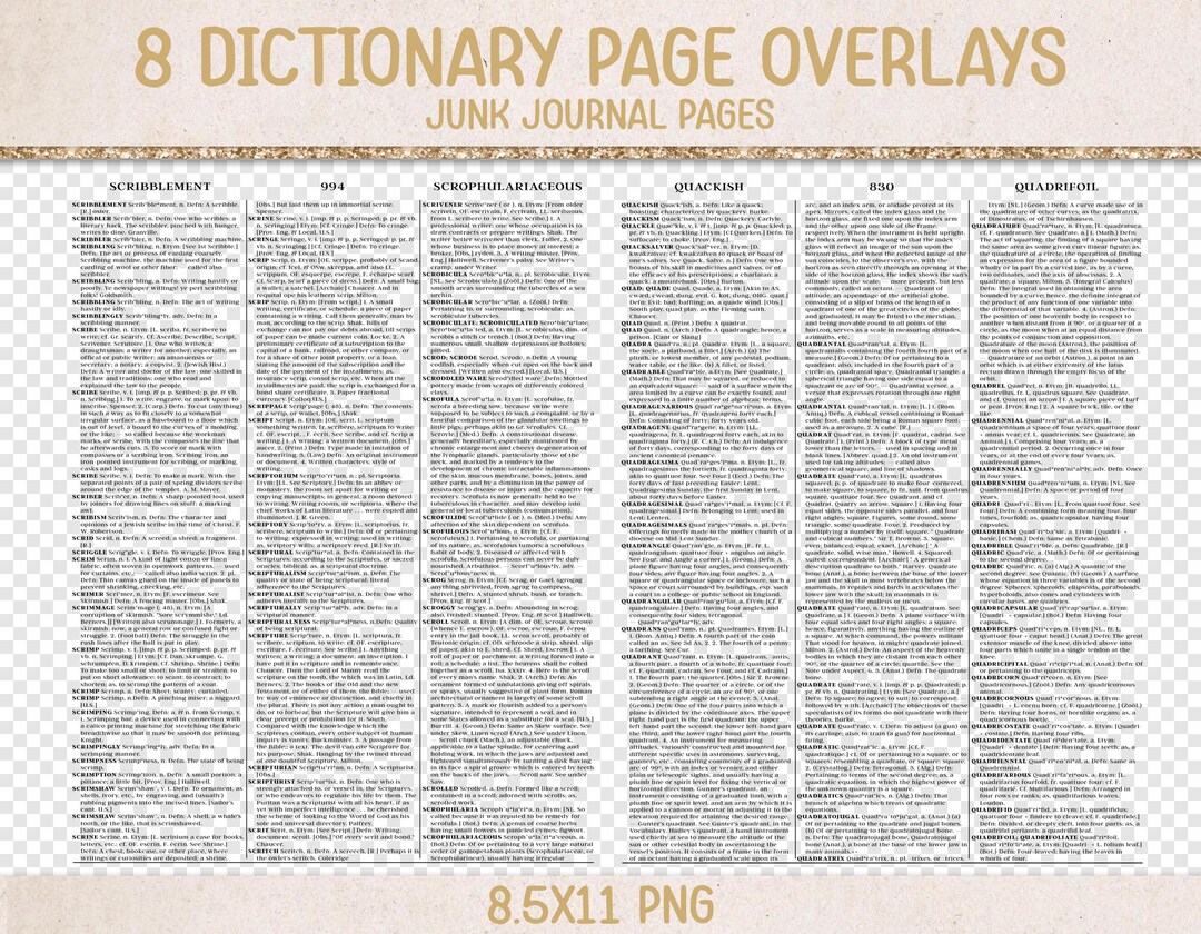 8 Dictionary Page Overlays, Full Page Text PNG Overlay With Transparent ...
