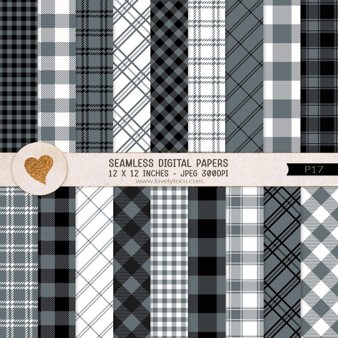 Steel Blue and Black Buffalo Plaid Digital Papers, Seamless Paper ...