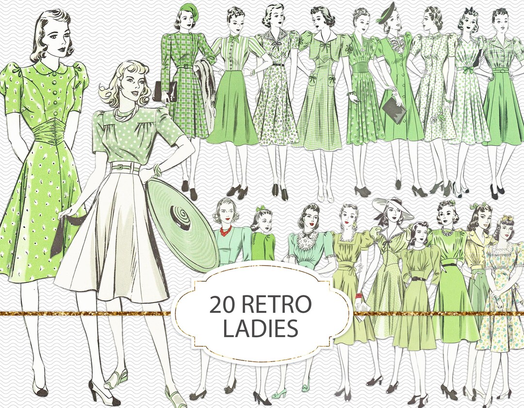 20 Vintage Fashion Clipart Graphics, Retro Ladies Styles PNG Ephemera ...