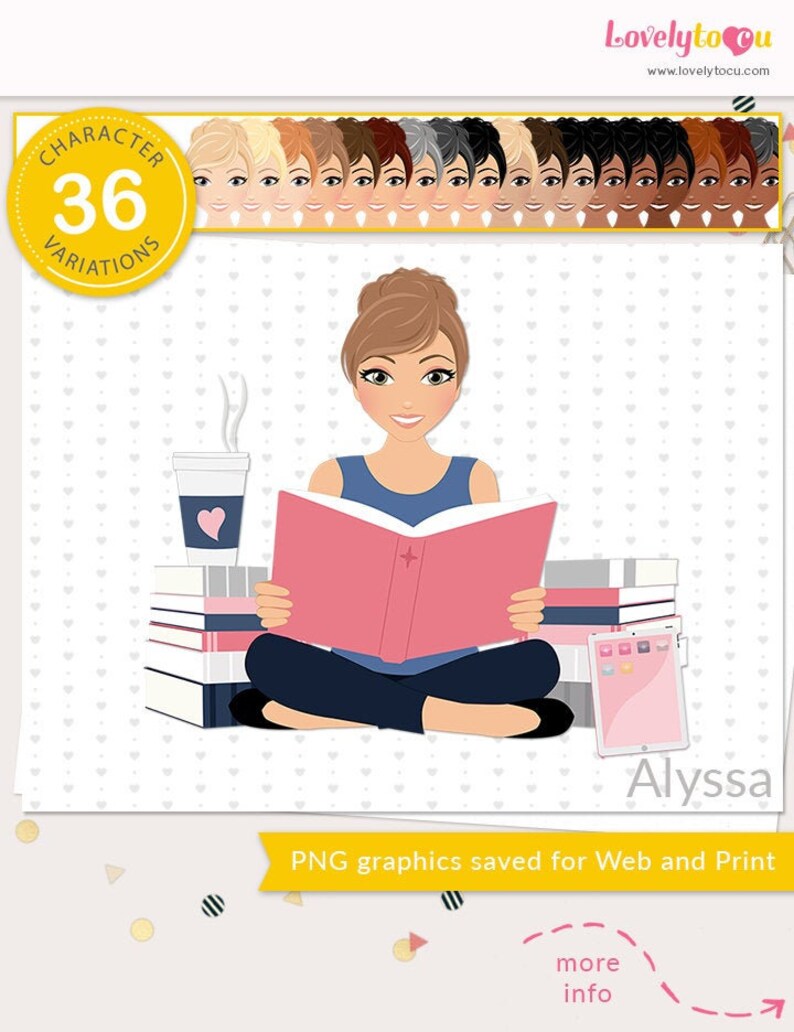 Book Lover Clipart Cute Woman Character Girl Reading Avatar - Etsy