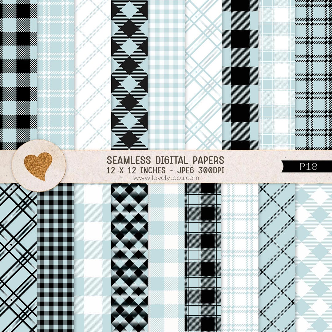 Blue and Black Buffalo Plaid Digital Papers, Seamless Paper Backgrounds ...