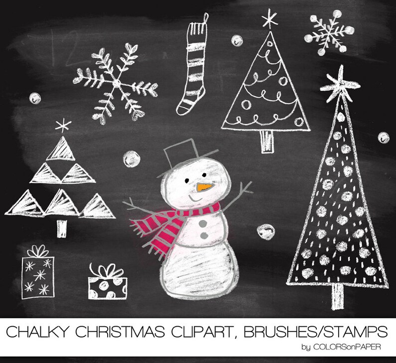Chalkboard Doodles Christmas Digital Clipart, Photoshop Brushes and ...