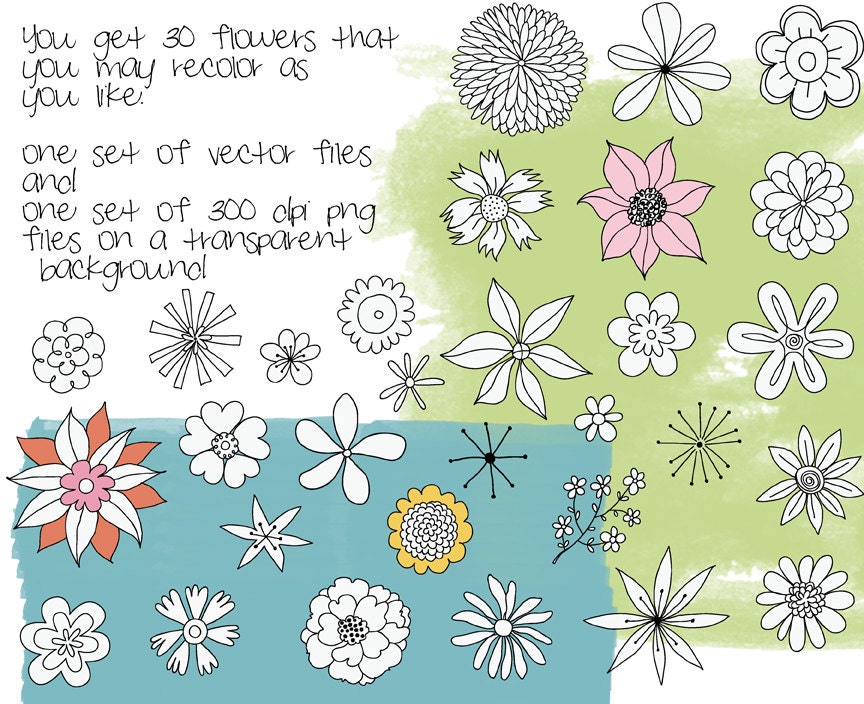 30 Hand Drawn Flowers Clipart, EPS, Illustrator CS2, and Png Files ...