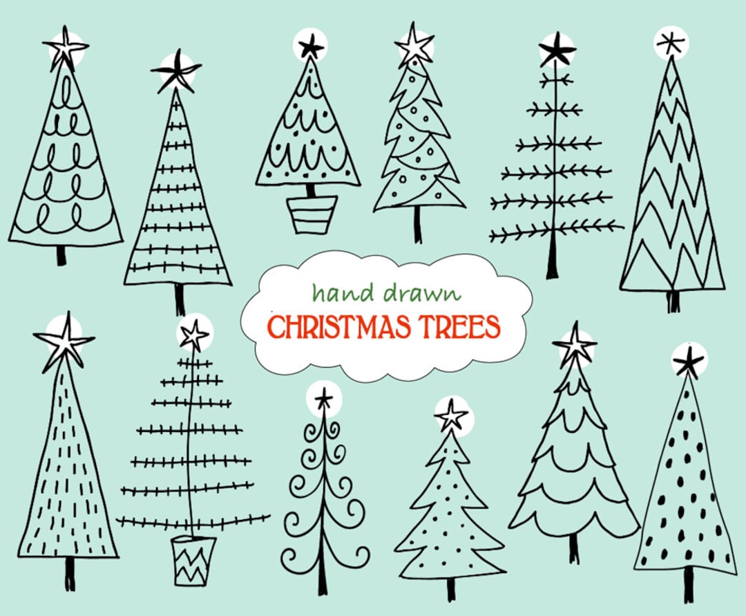 Doodle Christmas Trees Digital Clipart, Photoshop CS4+ Layered Files ...