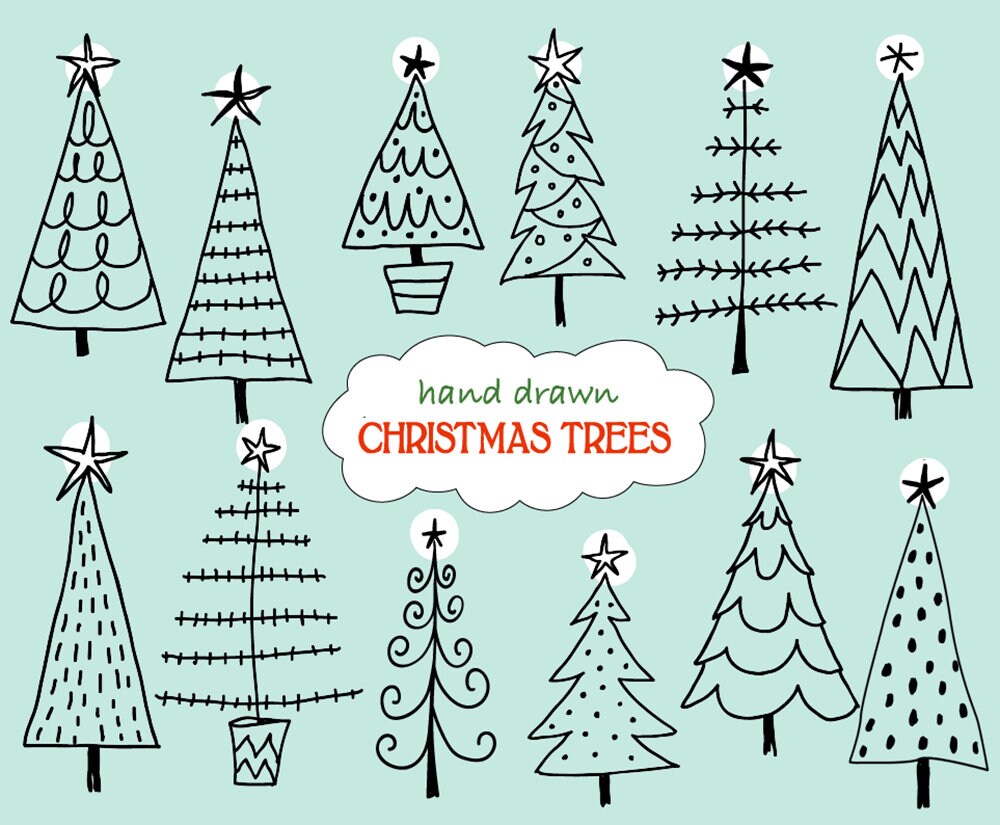 Doodle Christmas Trees Digital Clipart, Photoshop CS4+ Layered Files ...