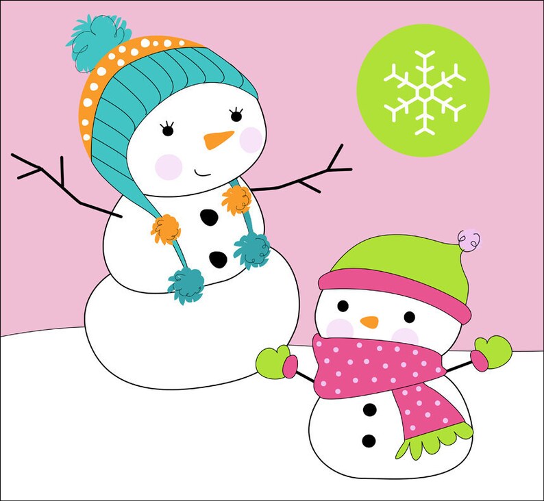 Christmas Digital Clipart, Cute Snow Family With Tree and Snowflakes ...