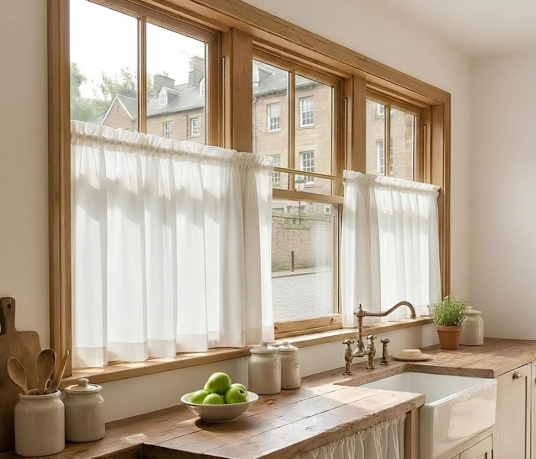 Linen Cafe Curtains With Ruffle Header, Rod Pocket Kitchen Curtains ...