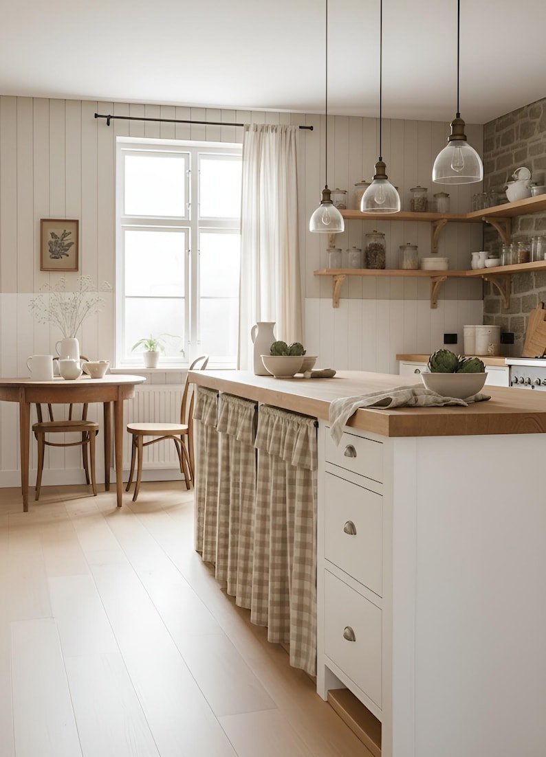Checkered Linen Cabinet Curtains – Gingham Sink Skirt – Kitchen ...