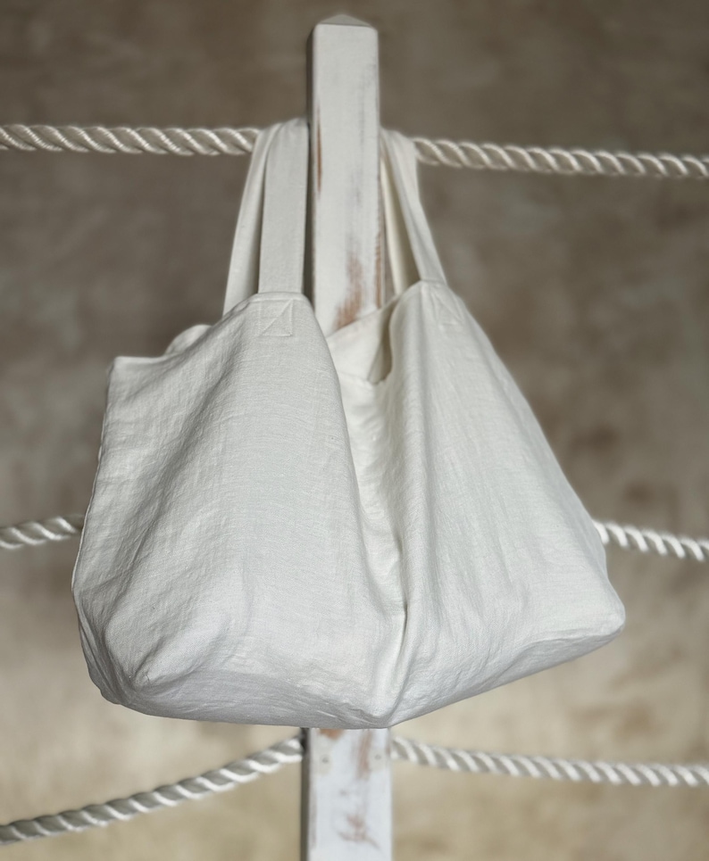 French Linen Striped Bag, Oversized White Linen Beach Bag, Heavy Weight ...