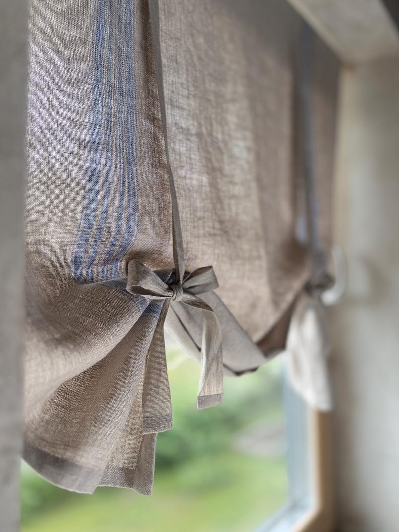 Linen Tie up Curtain - Striped Window Panel, Heavy Linen Valance, Beige ...