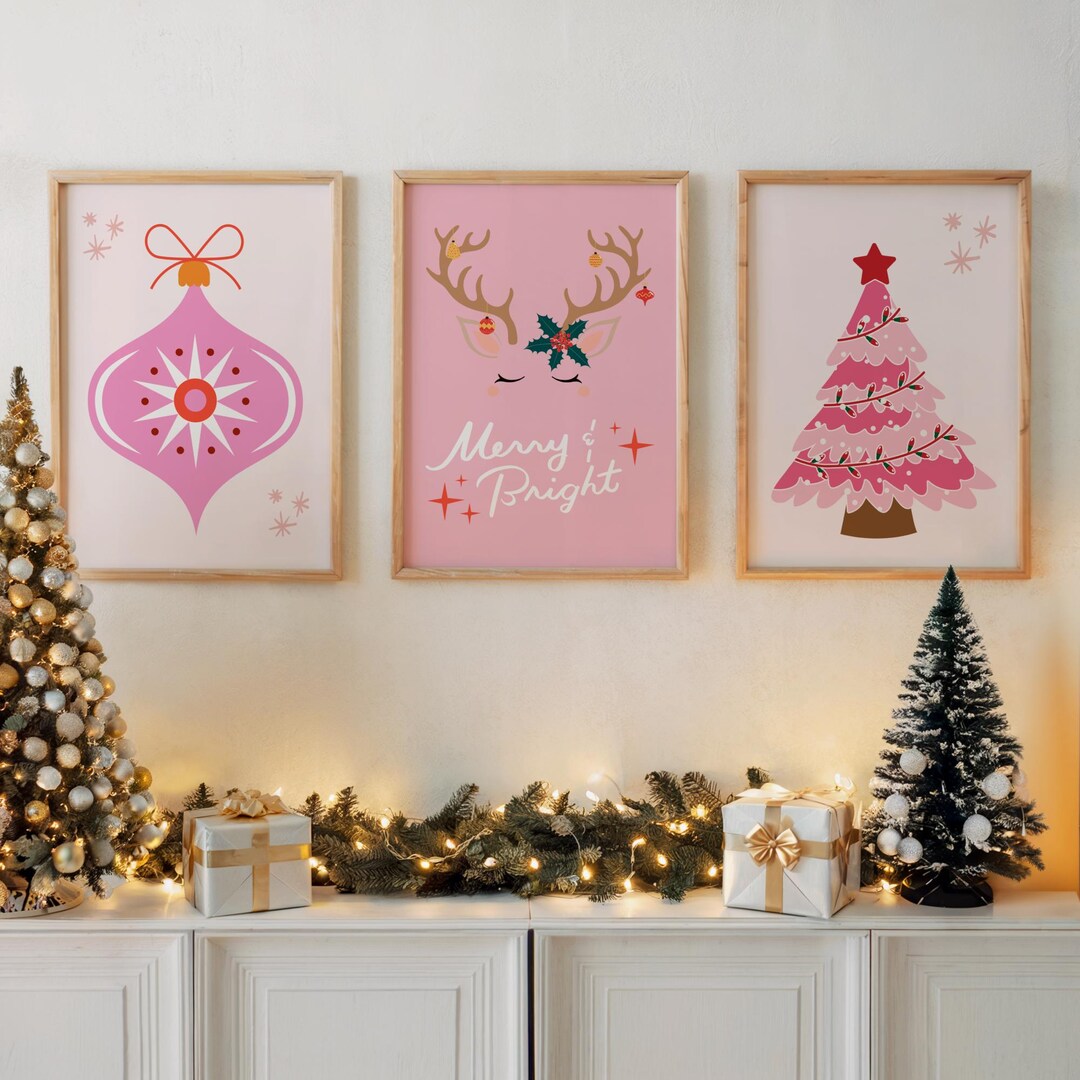 Set of 3 Christmas Wall Art, Retro Pink Christmas Prints, Festive ...