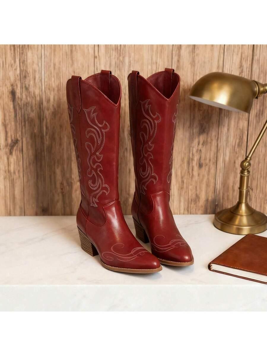 New Women Western Cowgirl Boots, Pointed Toe Embroidered Thick Heel Mid ...